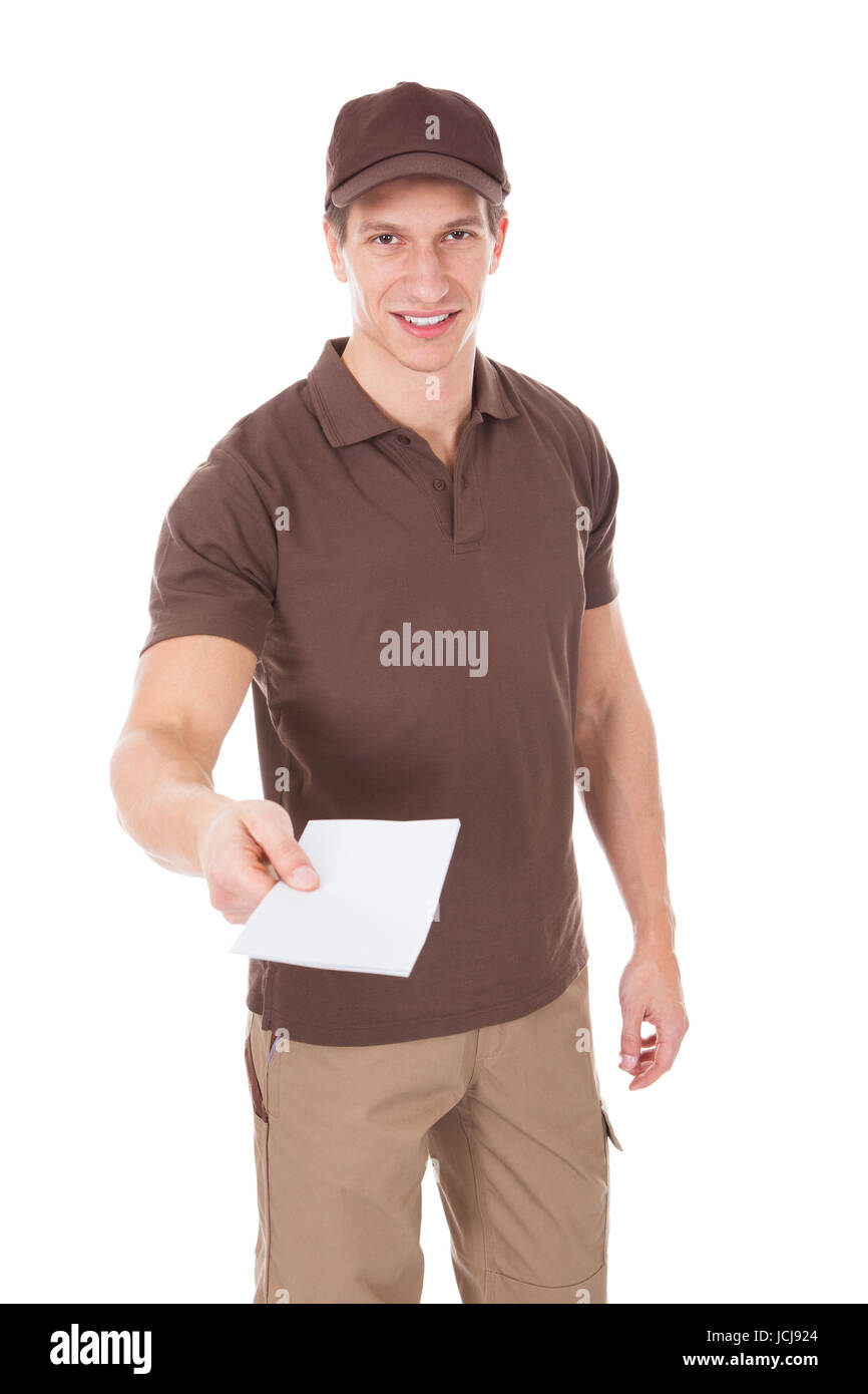 Happy Man Delivering Mail Over White Background Stock Photo - Alamy