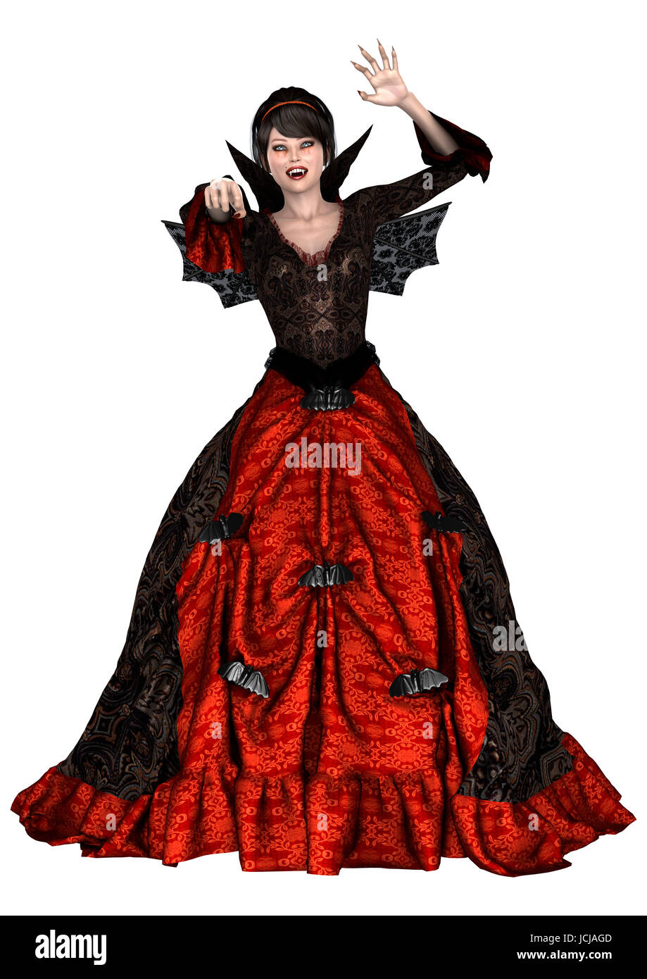 3D digital render of a beautiful fantasy lady vamp in a red and black ...