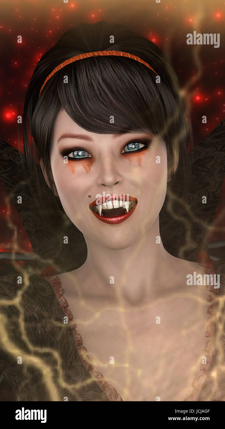 3D digital render of a beautiful fantasy lady vamp on a red sparkling ...