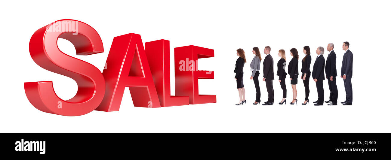 Big queue next to sale sign. Isolated on white Stock Photo - Alamy