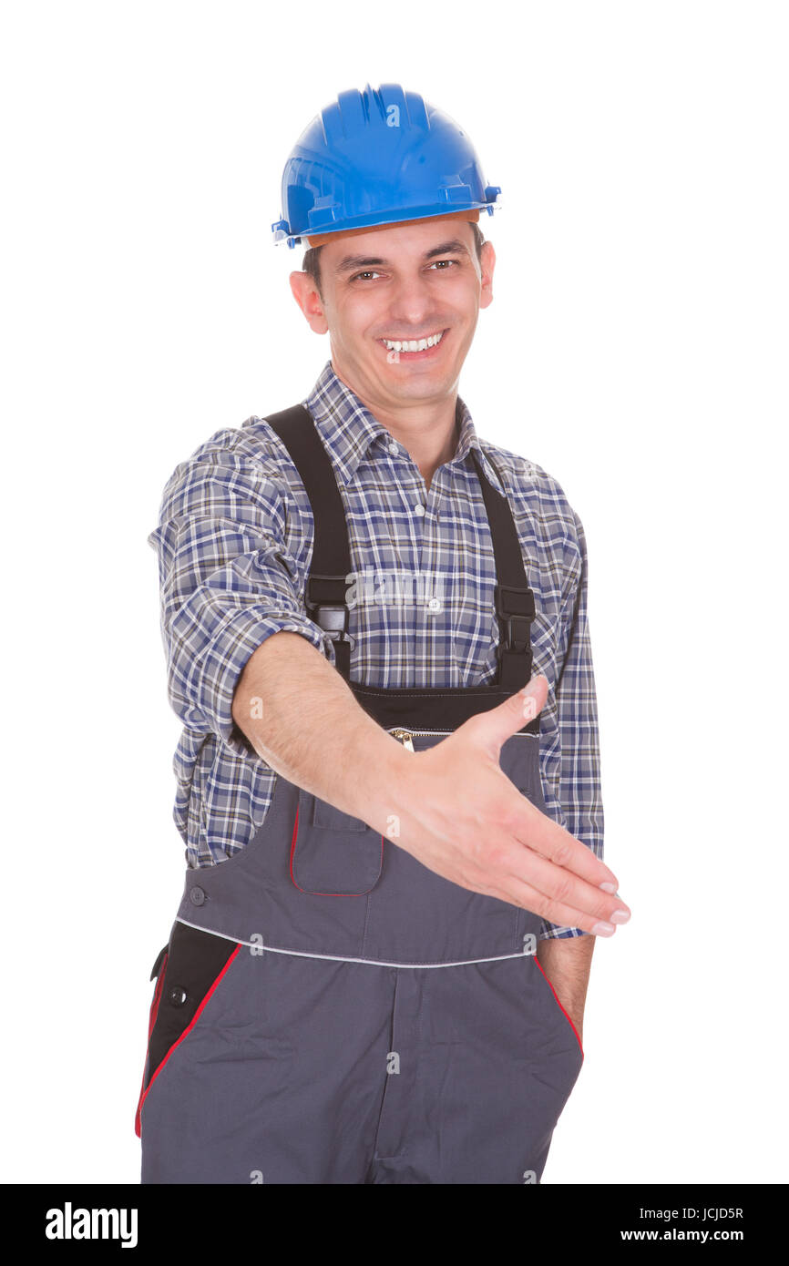 Happy Male Worker Extended Hand To Shake Over White Background Stock ...