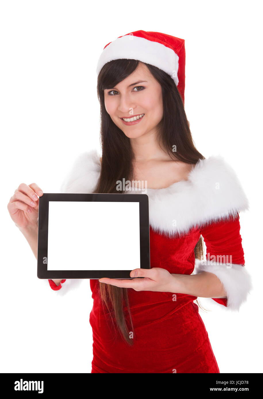 Female Santa Holding Tablet On White Background Stock Photo - Alamy