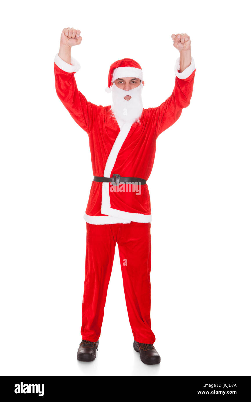 Portrait Of Santa Raising Hand On White Background Stock Photo - Alamy