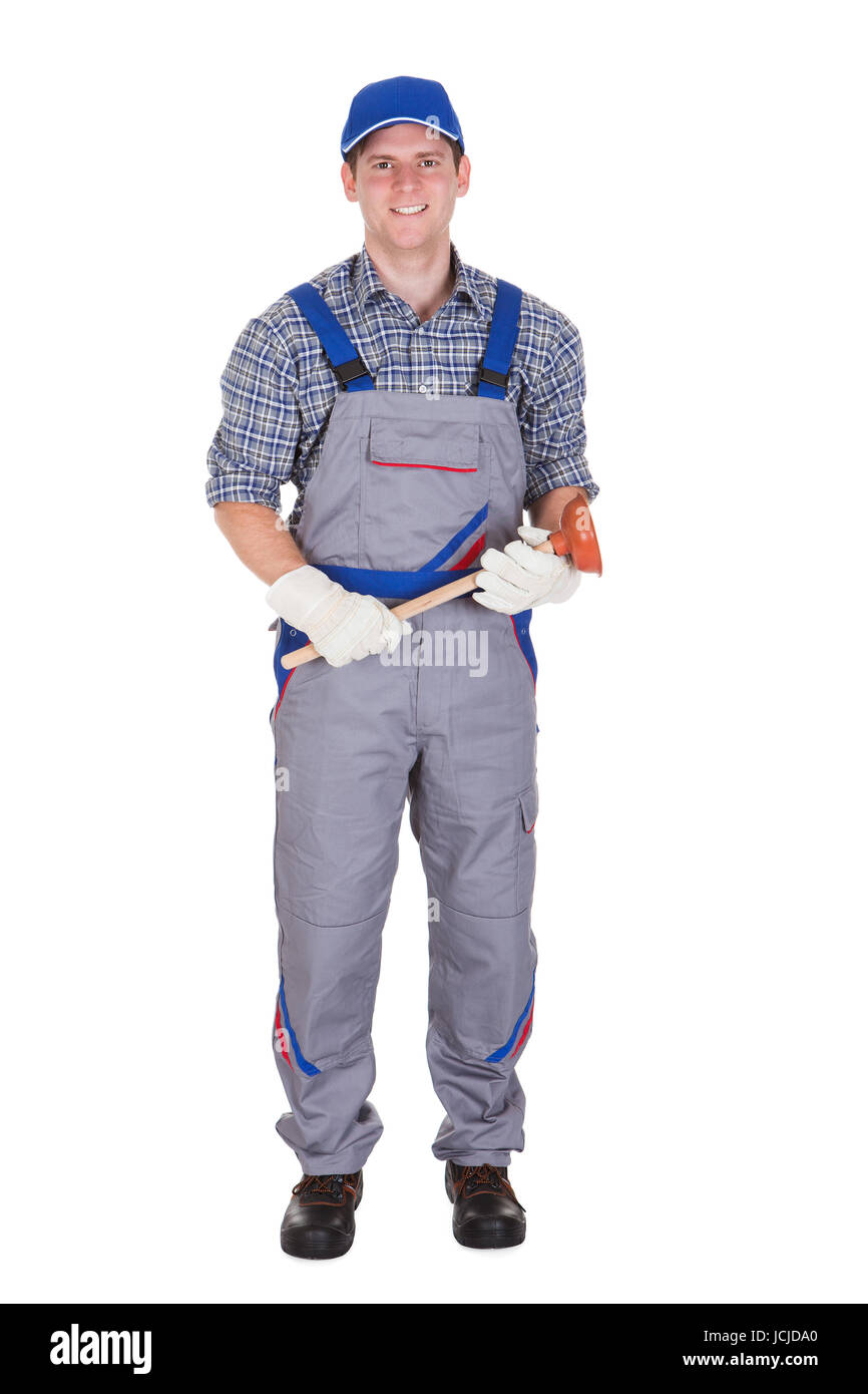 Portrait Of Male Plumber Holding Plunger isolated Over White Background ...