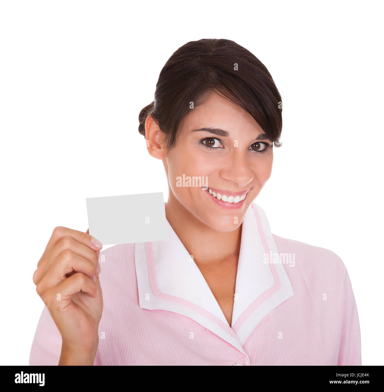 Young Female Maid Showing Visiting Card Over White Background Stock ...
