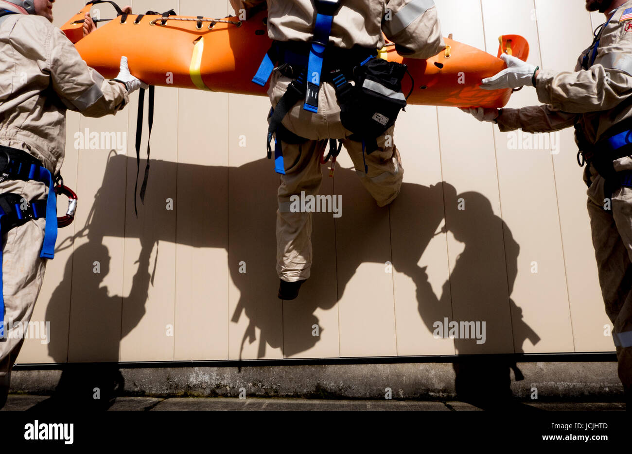 Crews practice high angle rescue at a public training facility at an ...