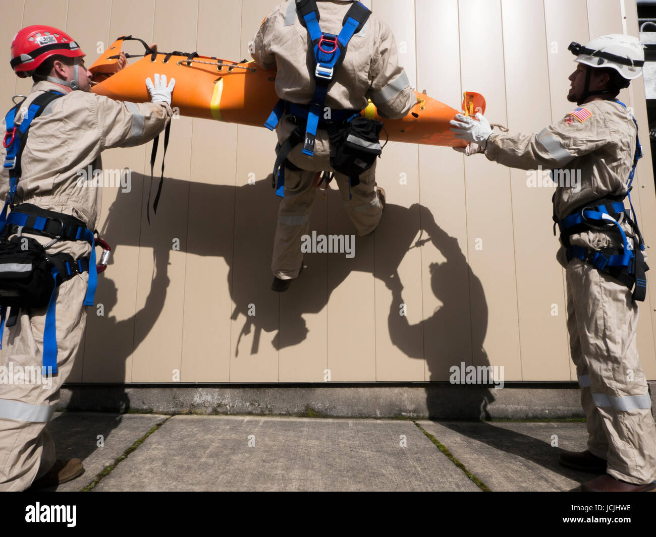 Crews practice high angle rescue at a public training facility at an ...