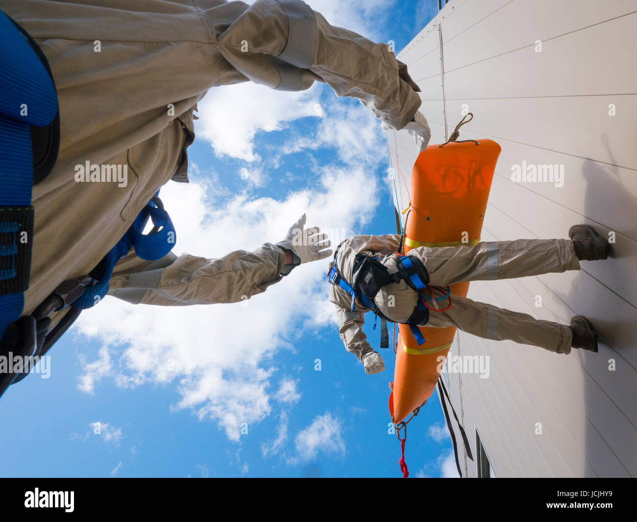 Crews practice high angle rescue at a public training facility at an ...