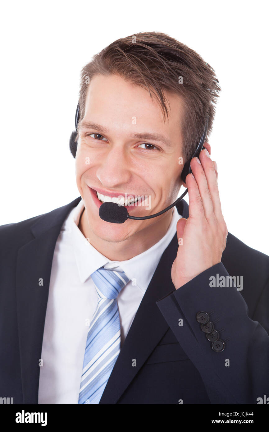 Young Wearing Headset Isolated Over White Background Stock Photo - Alamy
