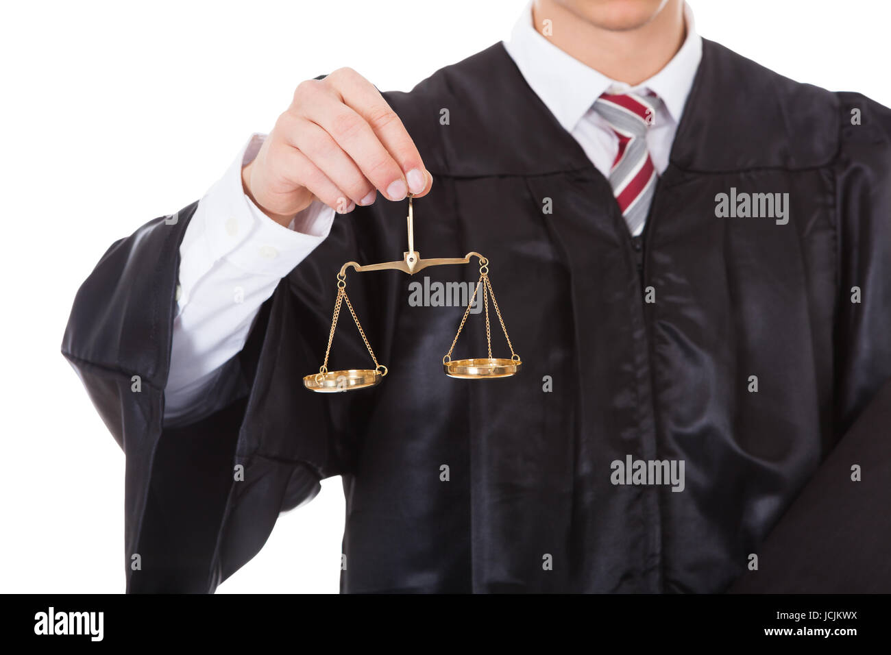Young Male Judge Holding Golden Scales And Book Over White Background ...