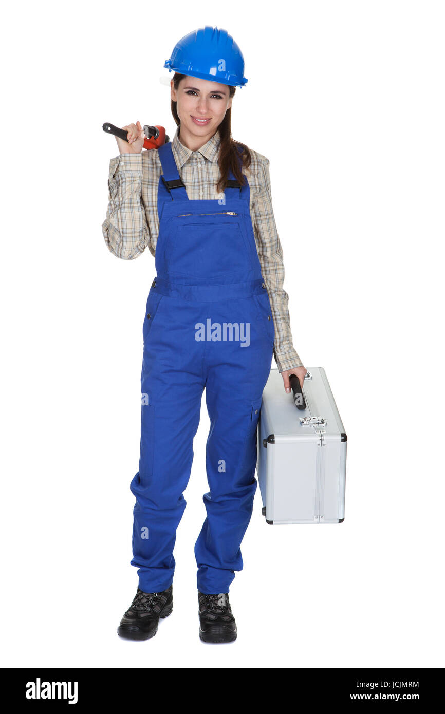 Female Worker Holding Wrench And Toolbox On White Background Stock ...