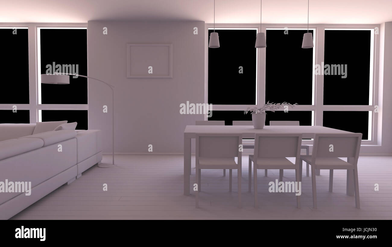 Interior render of a dining room without materials Stock Photo - Alamy
