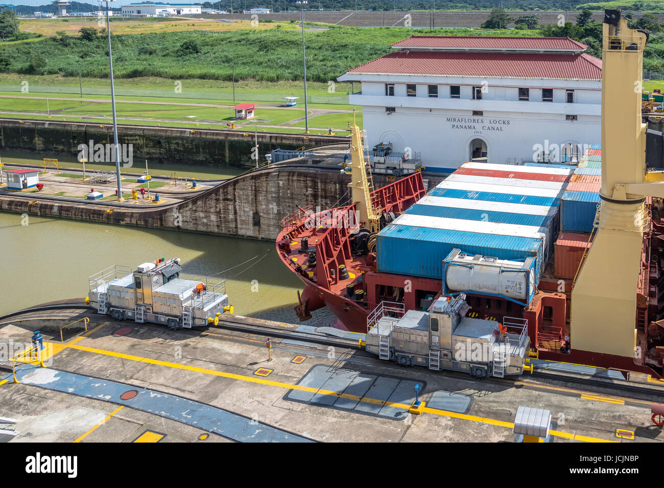 Cargo Ship crossing Panama Canal at Miraflores Locks - Panama City ...