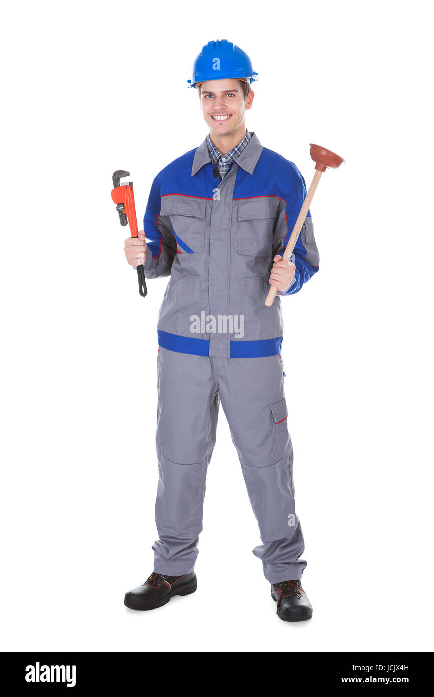 Portrait Of Male Worker Holding Wrench And Toolkit On White Background ...