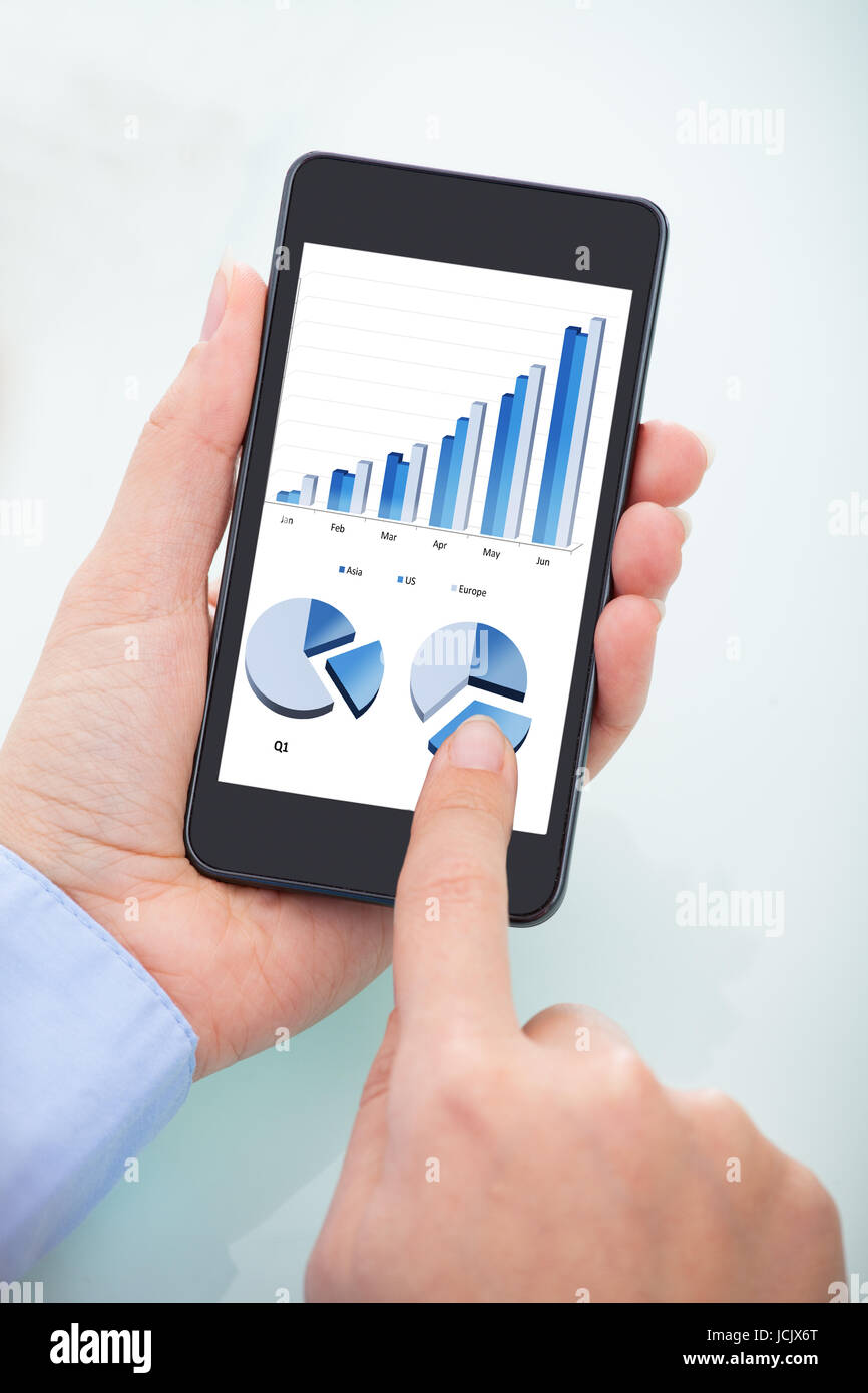 Close-up Of Person's Hand Holding Cellphone Analyzing Graph Stock Photo ...