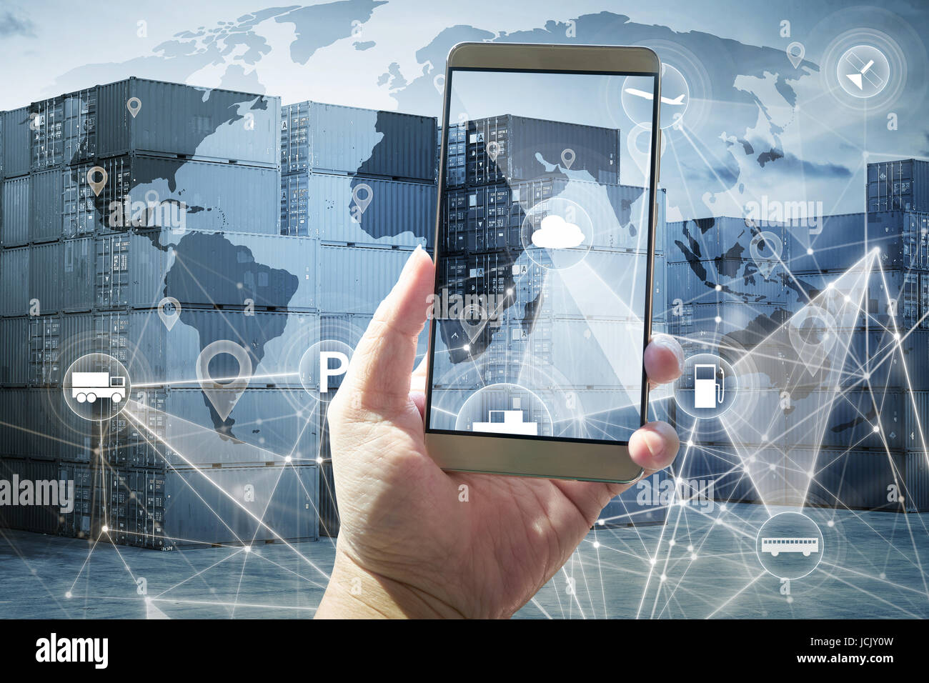 Unknown guy using smartphone with container cargo for logistic import ...
