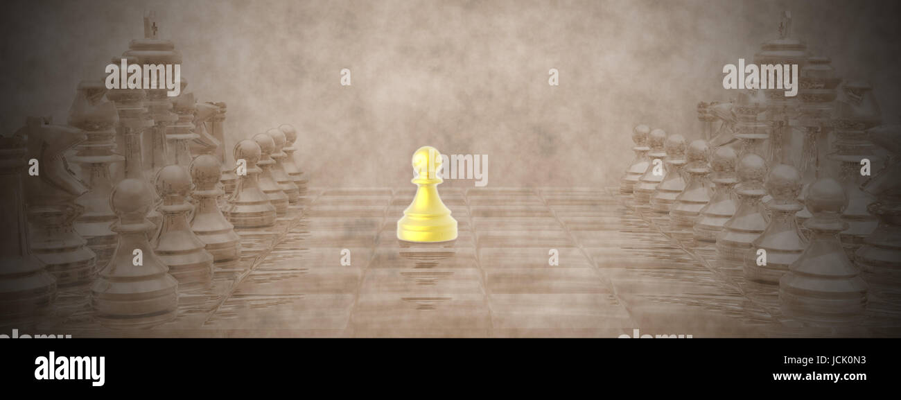 Chessboard with golden pion ahaead and vintage background - 3D render ...