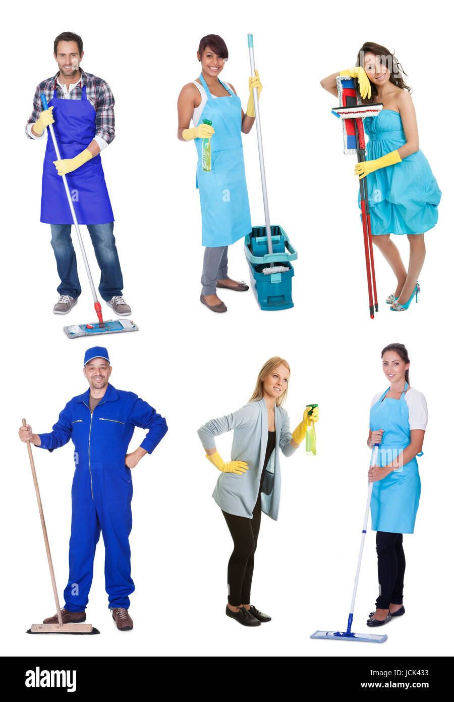 Professional cleaners with equipment. Isolated on white background ...