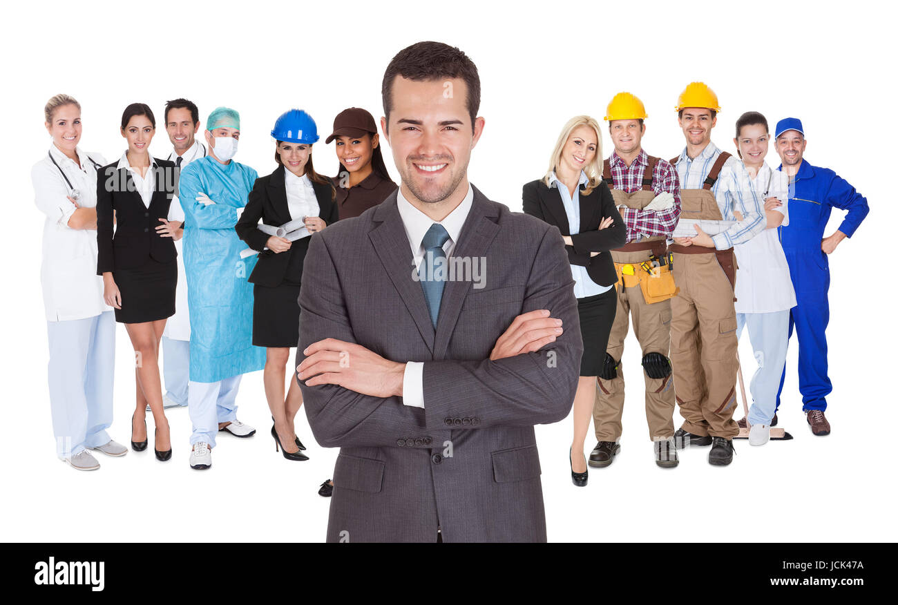 Portrait of happy people of different professions together on white ...