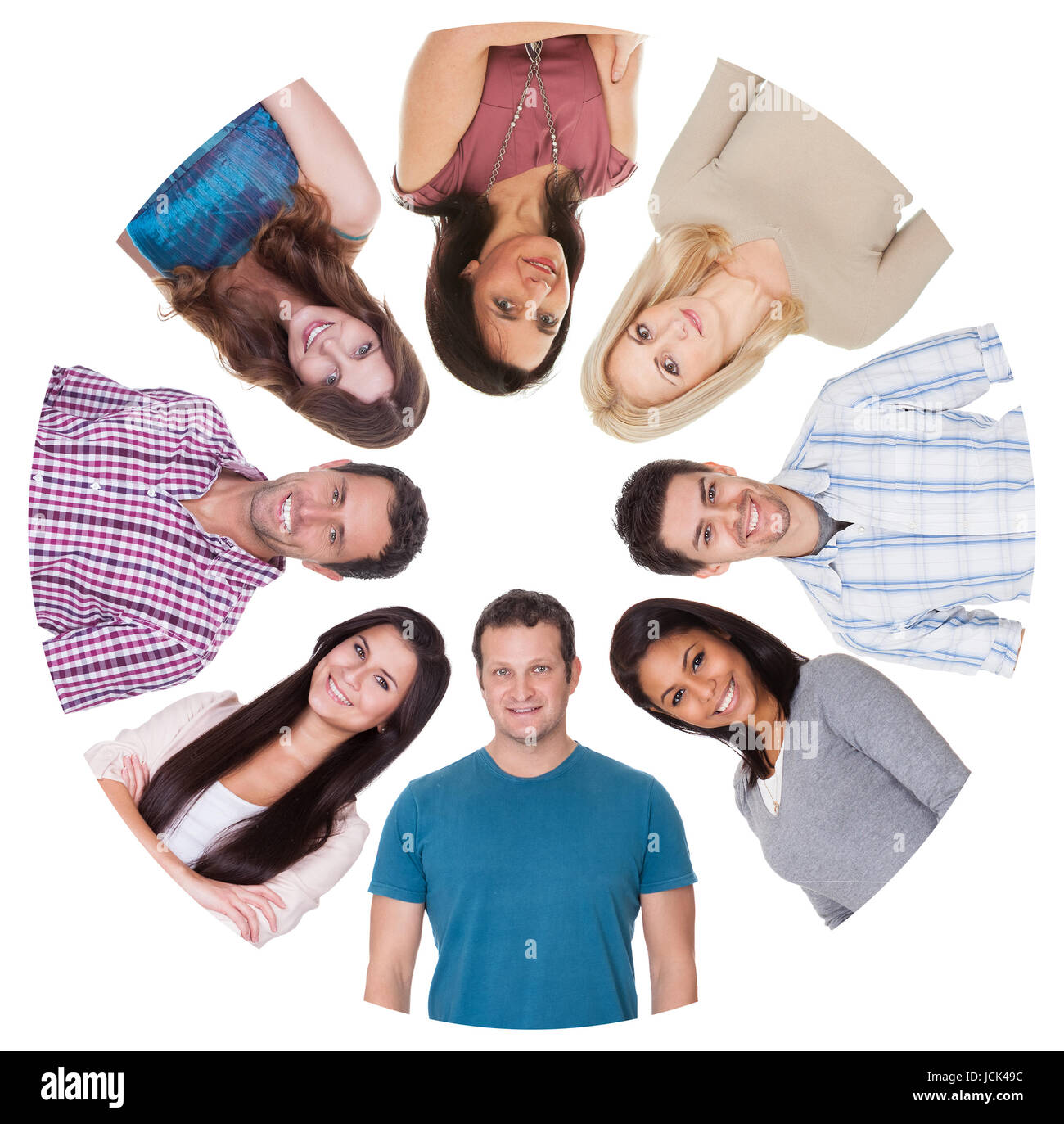 Low angle view of diverse group of people. Isolated on white Stock ...