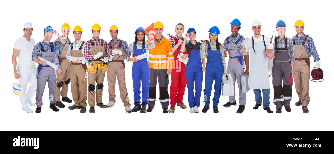 Group Of Construction Workers Standing Over White Background Stock ...
