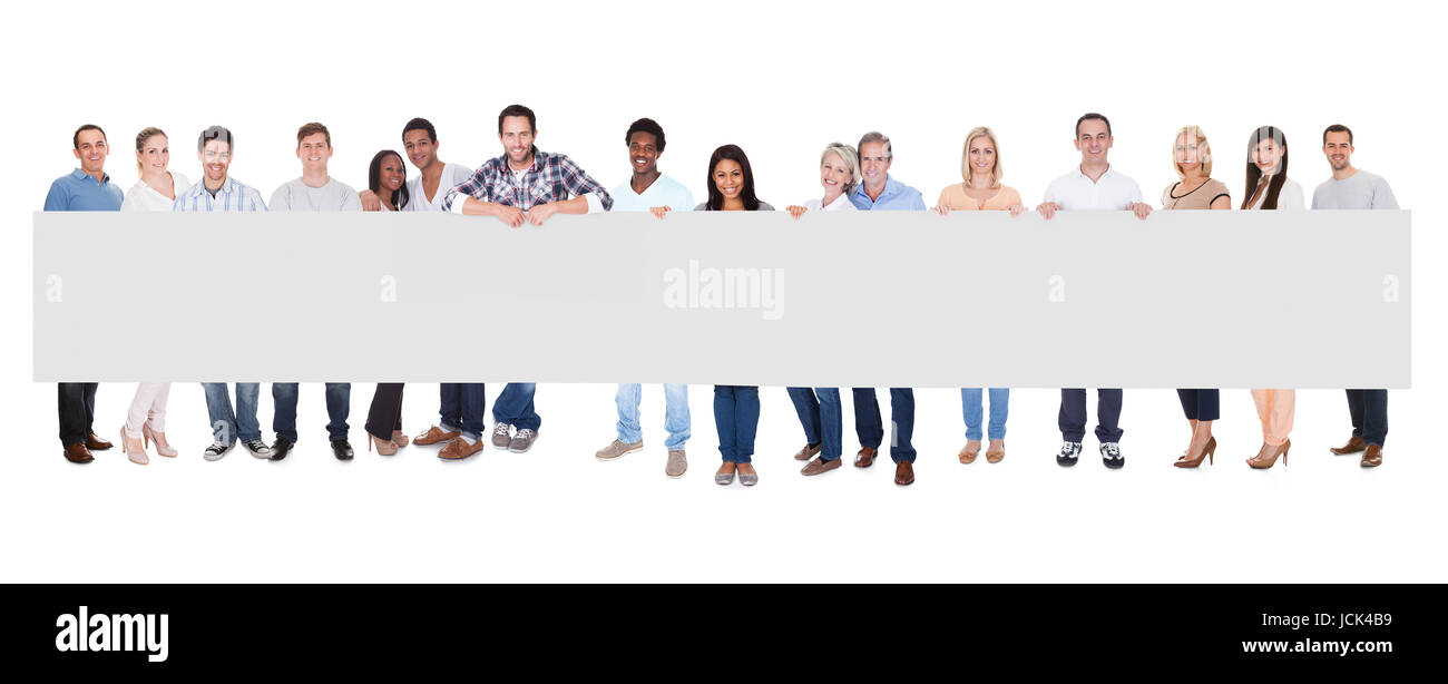 Smiling Group Of People With Placard Together Over White Background ...