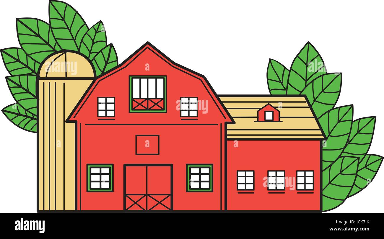 Mono line style illustration of a vintage american barn with leaves in ...