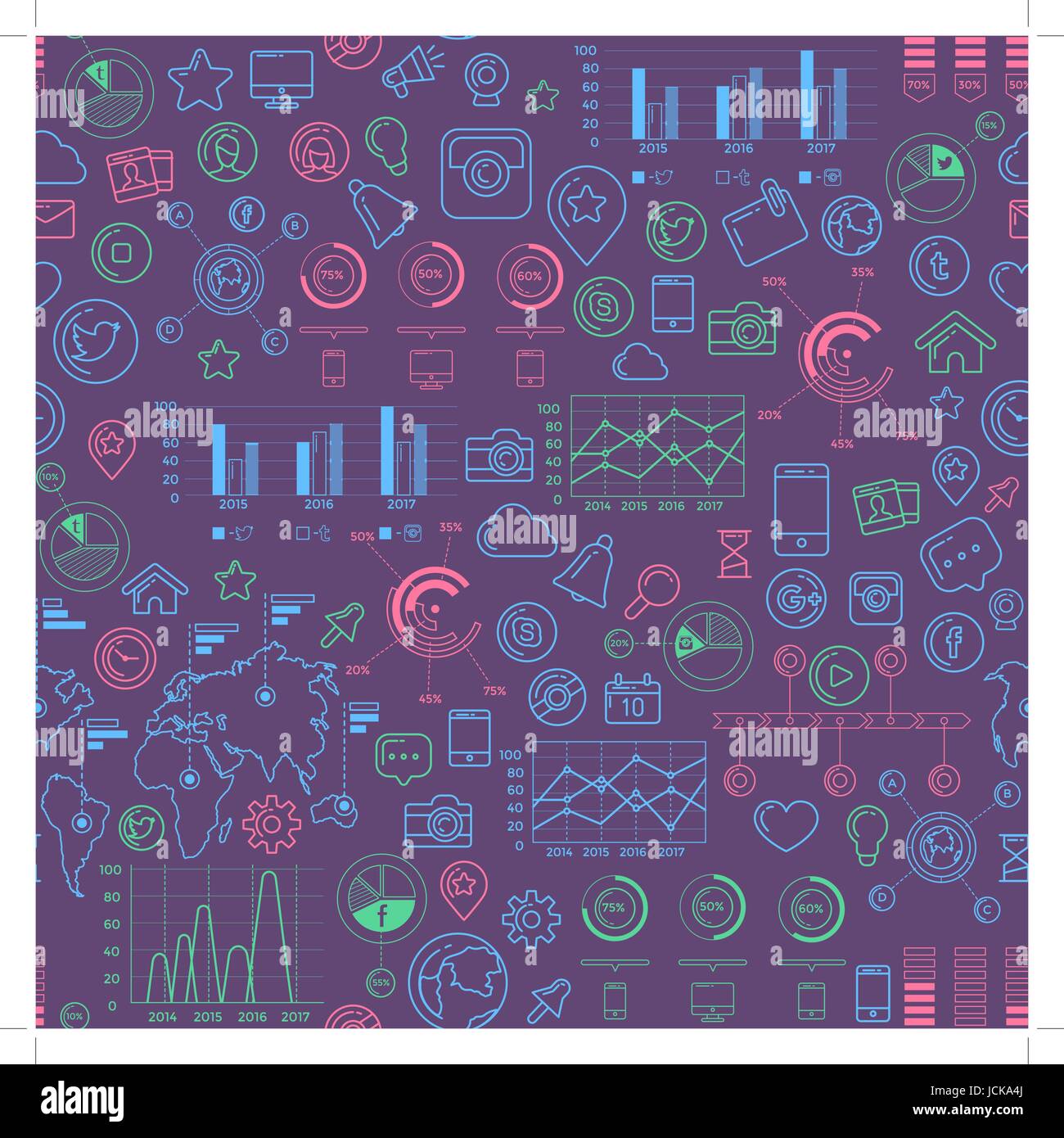 Flat linear seamless pattern of social media, social networking, mobile ...