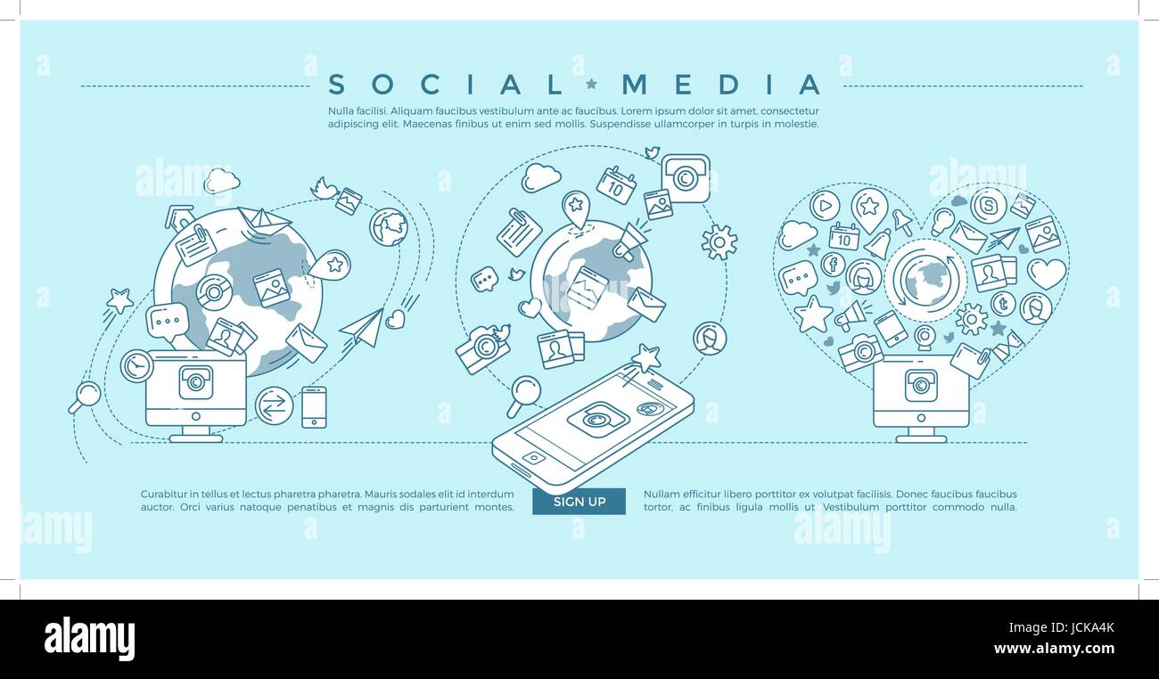Flat linear illustration of social media, social networking, mobile app ...