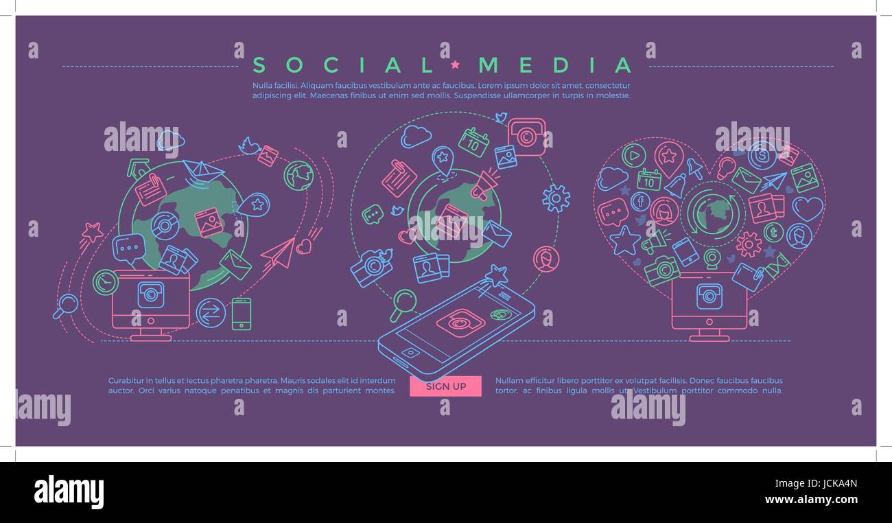 Flat linear illustration of social media, social networking, mobile app ...