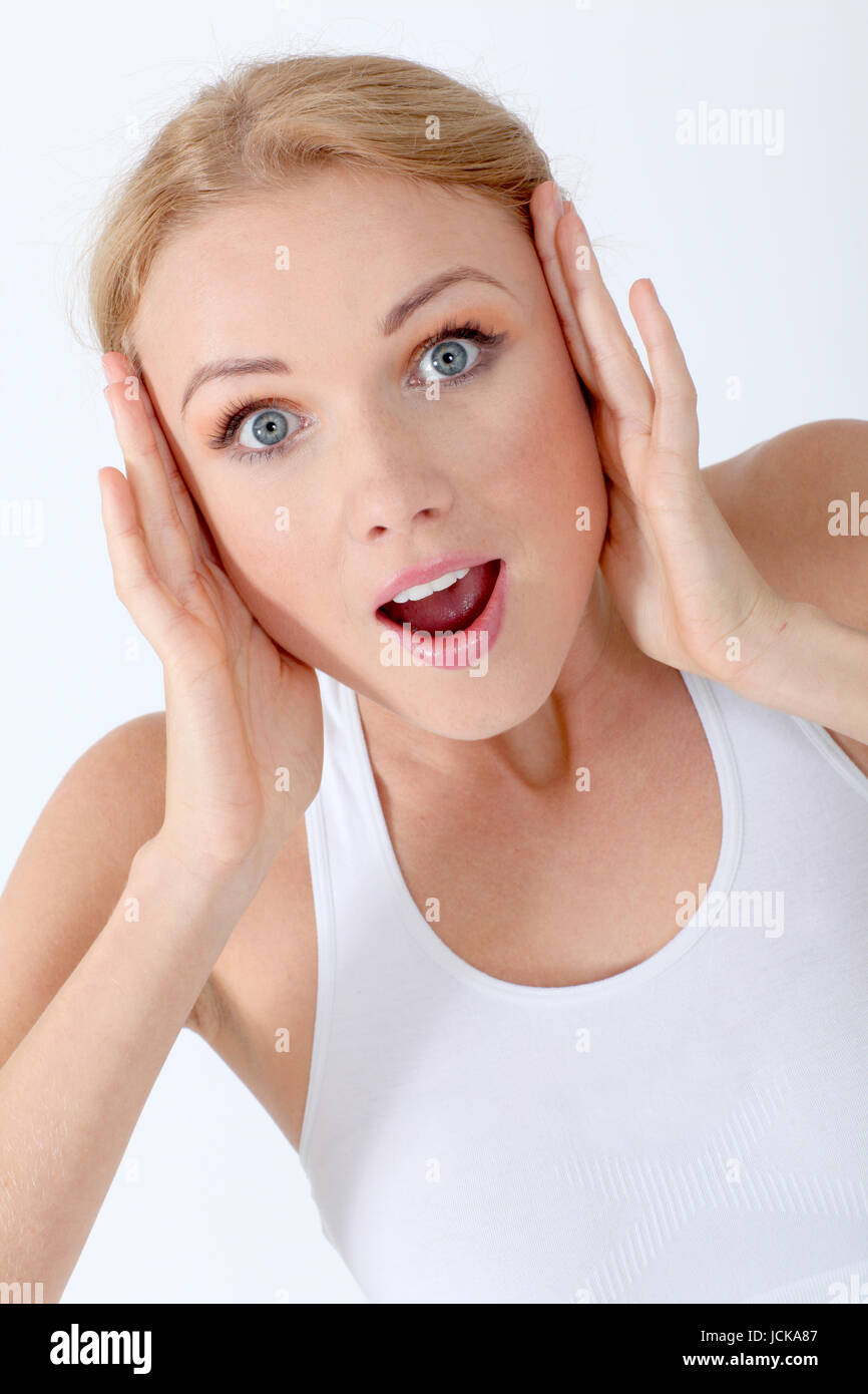 Portrait of beautiful woman with surprised look Stock Photo - Alamy