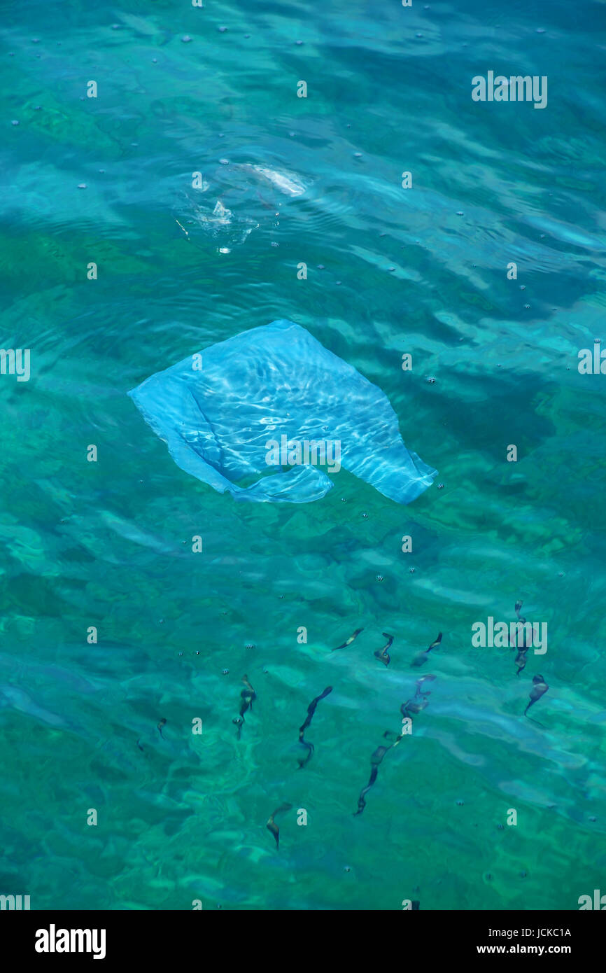Plastic bag floating in clear water - sea pollution Stock Photo - Alamy