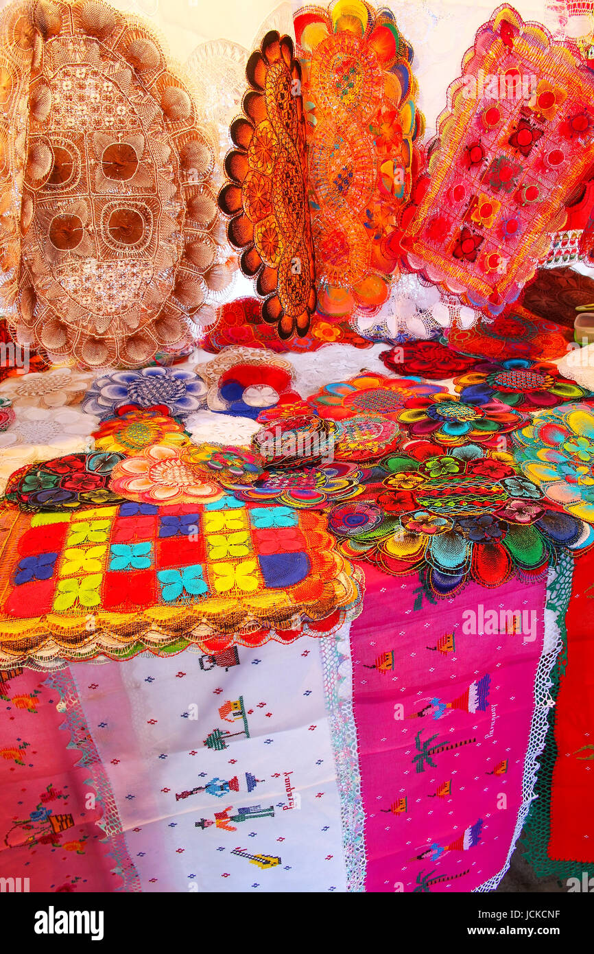Display of nanduti at the street market in Asuncion, Paraguay. Nanduti ...