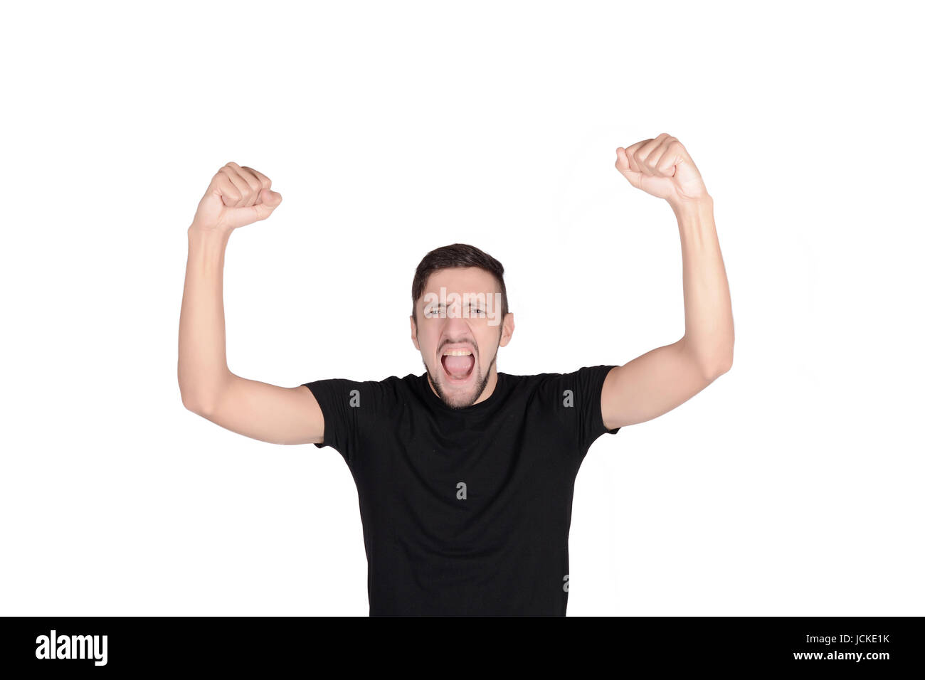 Portrait of a young latin man celebration victory. Isolated white ...