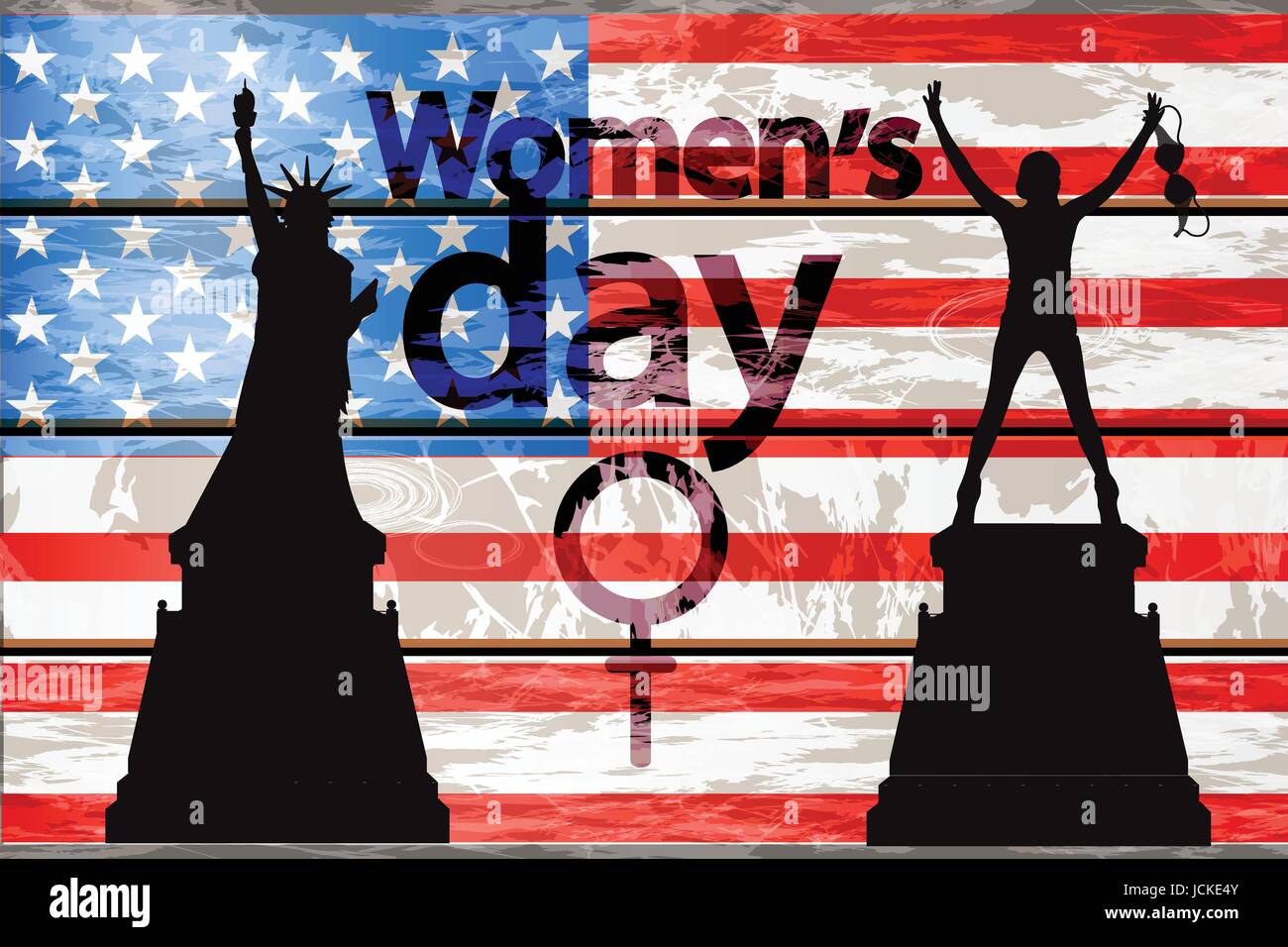 International Women's Day. Girl silhouette and statue of freedom with ...