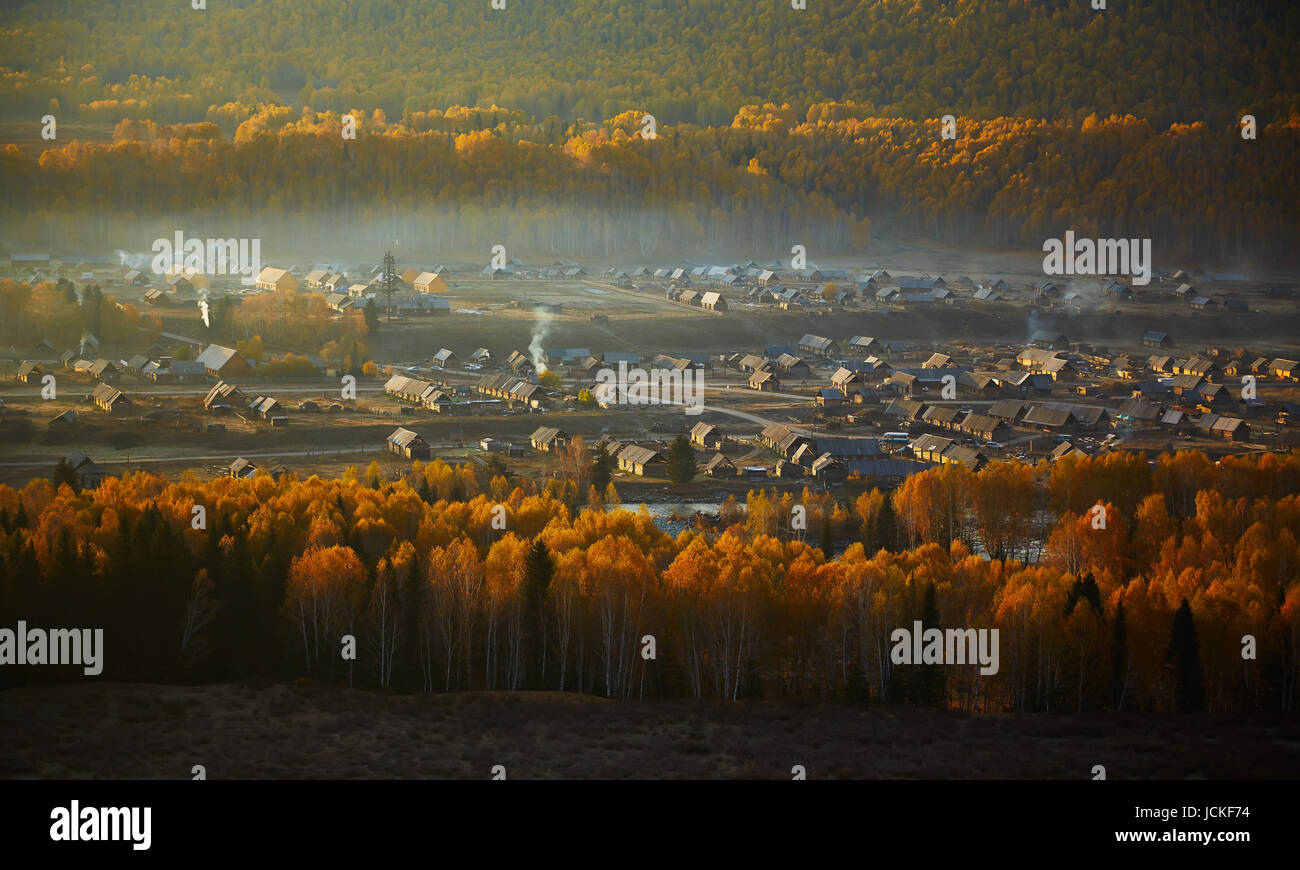Hemu village on Kanas Nature Reserve, Autumn scene ,Xinjiang, China ...