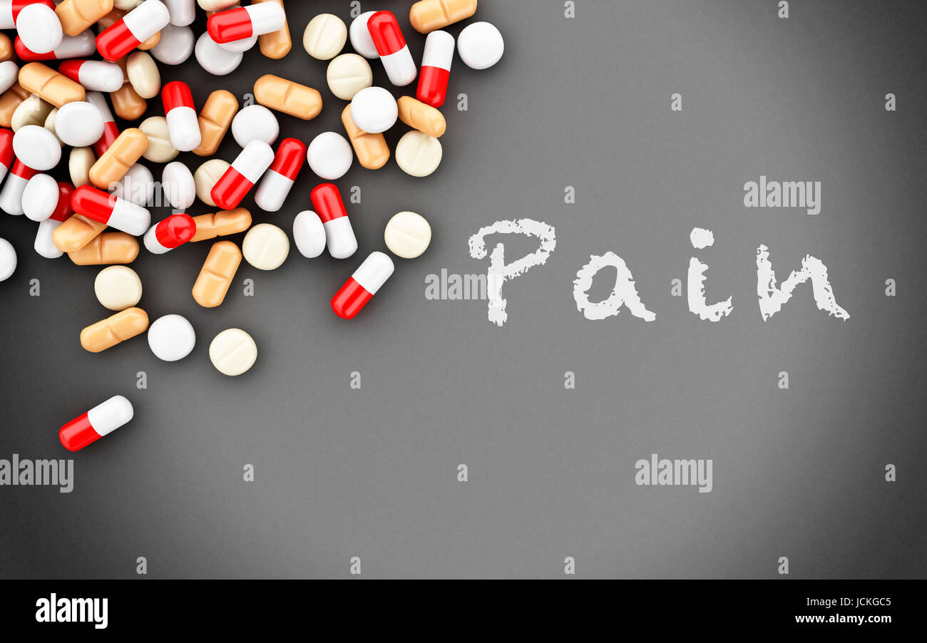 3d illustration. Pills and blackboard with text "pain" Healthcare ...