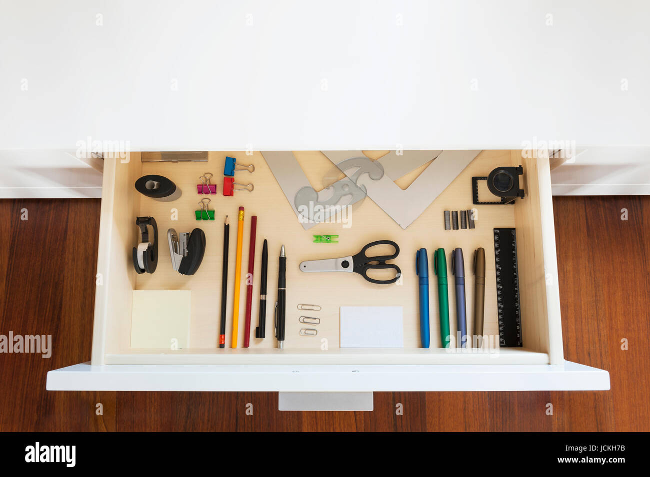 drawer with tools and accessories for drawing and office Stock Photo ...