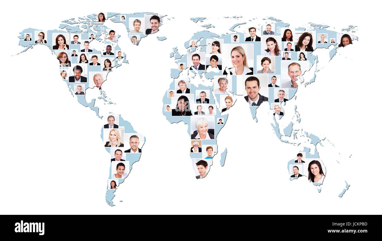 Collage of multiethnic business people on world map representing global ...