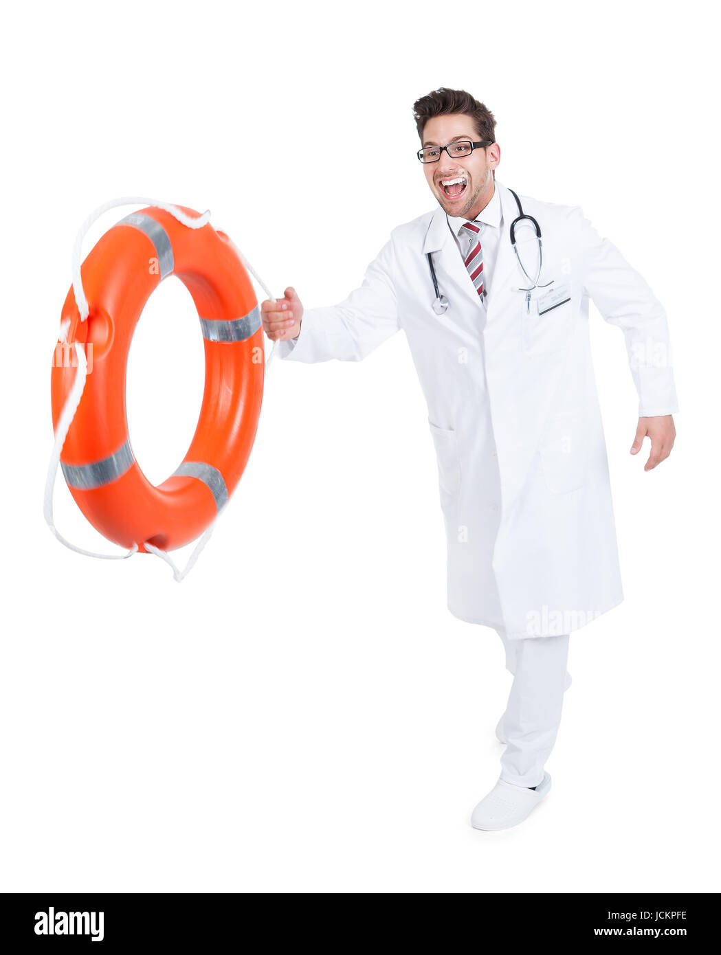 Full length portrait of confident young male doctor holding lifebuoy ...