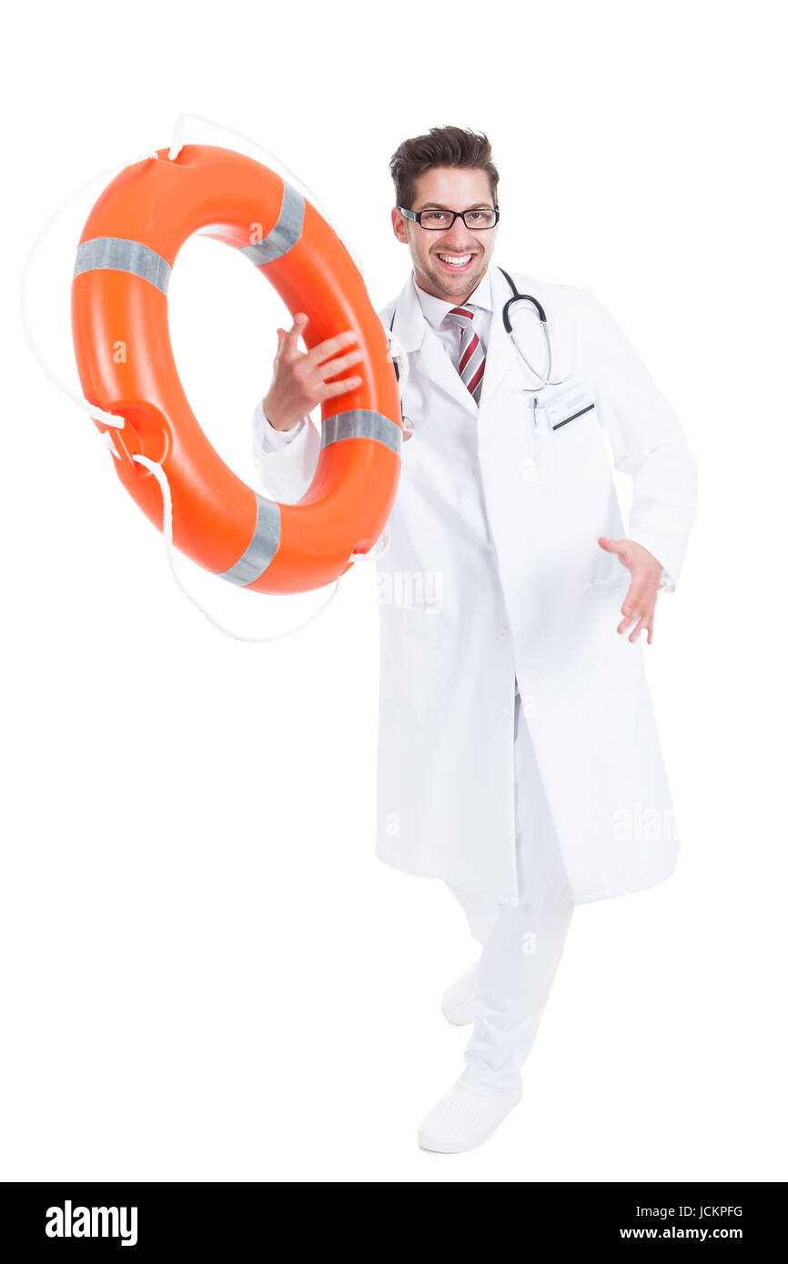 Full length portrait of confident young male doctor holding lifebuoy ...