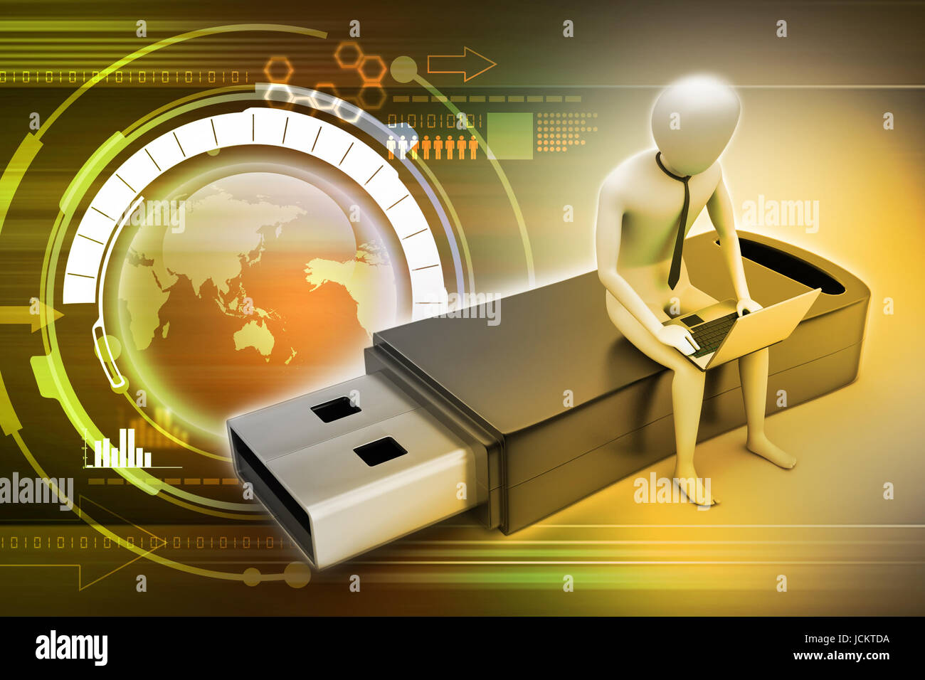 3d man and laptop sitting usb Stock Photo - Alamy