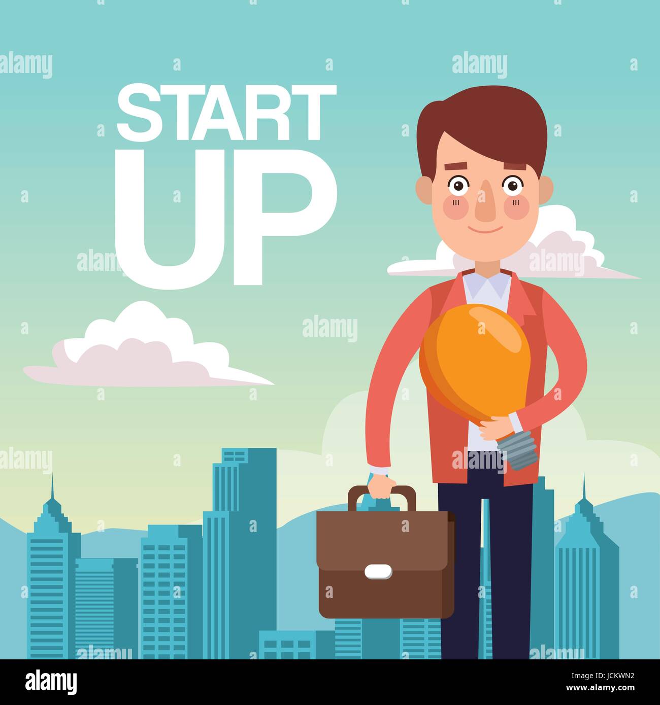 city landscape background closeup man with portfolio and light bulb ...