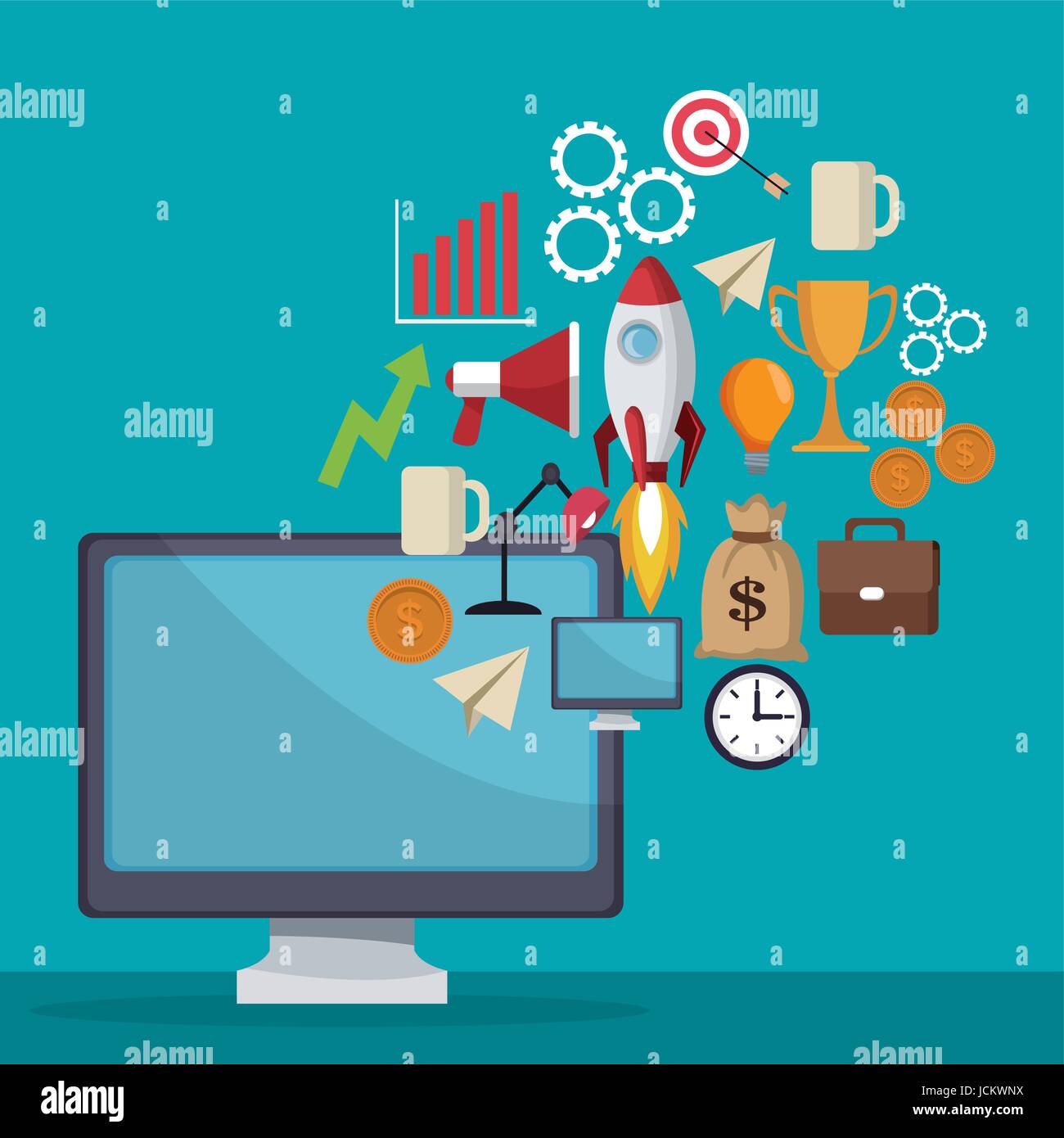 blue color background icons generating ideas coming out to display ...