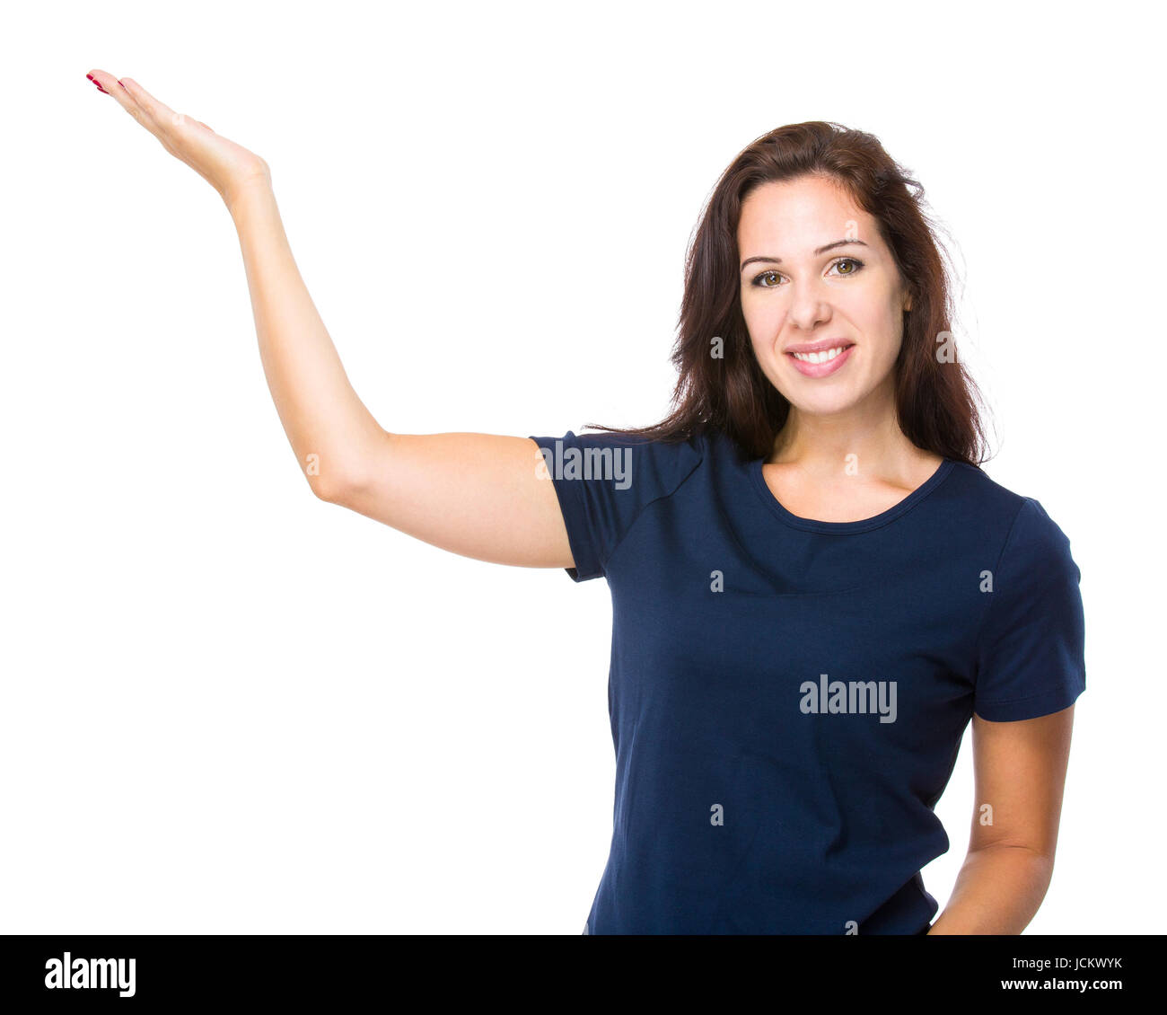 Caucasian woman with hand presentation Stock Photo - Alamy