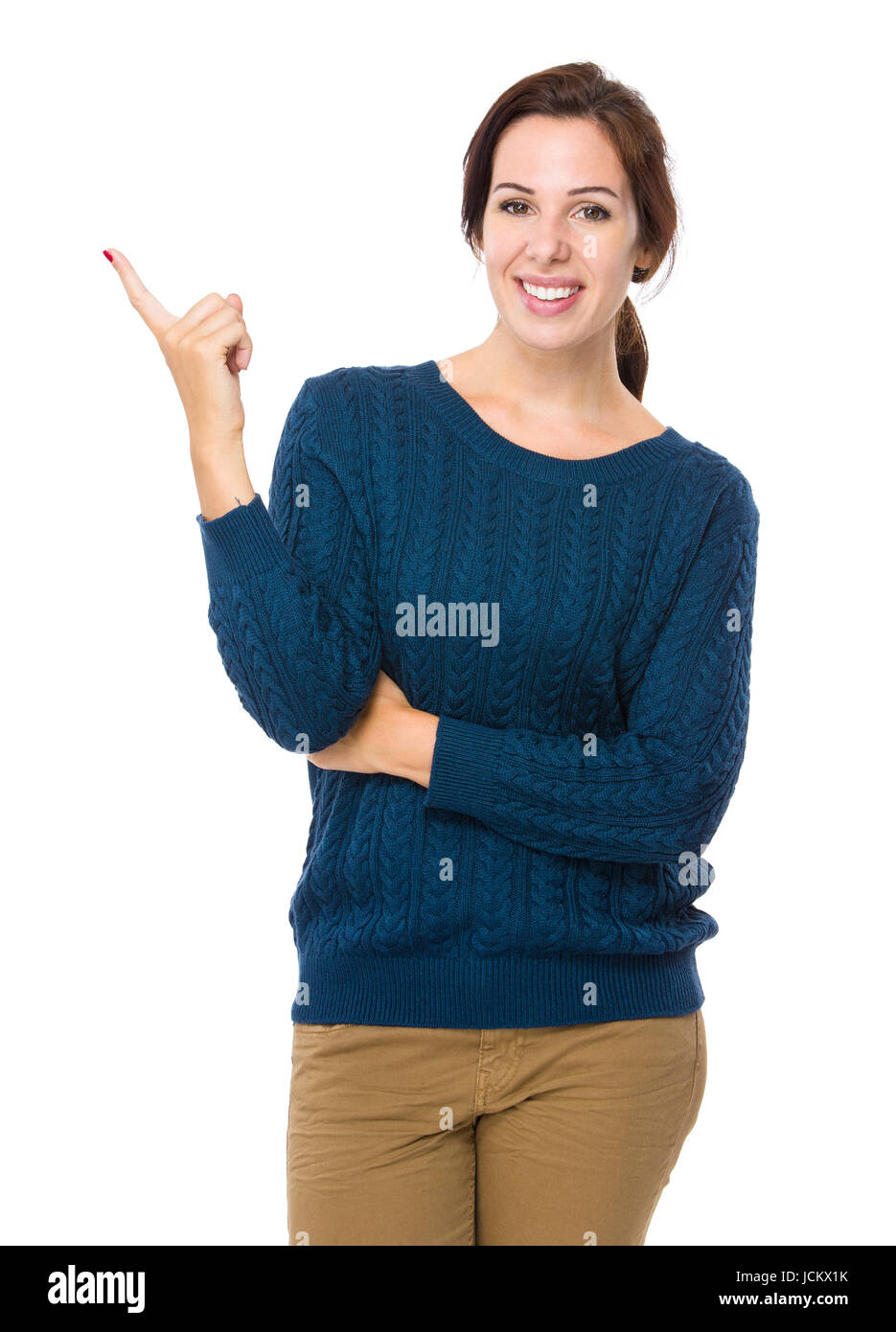 Woman with finger up Stock Photo - Alamy