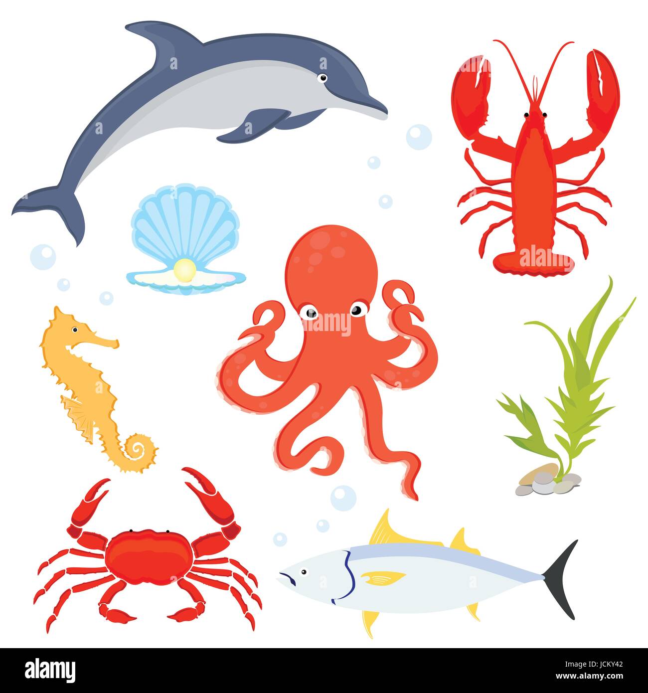 Sea fishes and animals collection. Sea creatures dolphin, lobster, crab ...