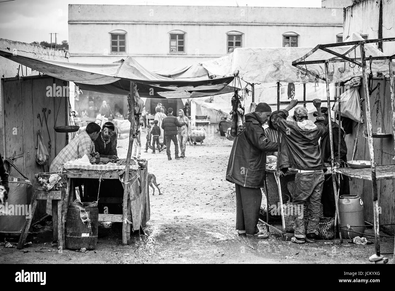 Butcher stand in a traditional countryside market in Morocco Stock ...