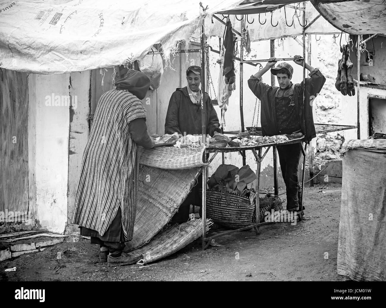 Butcher stand in a traditional countryside market in Morocco Stock ...