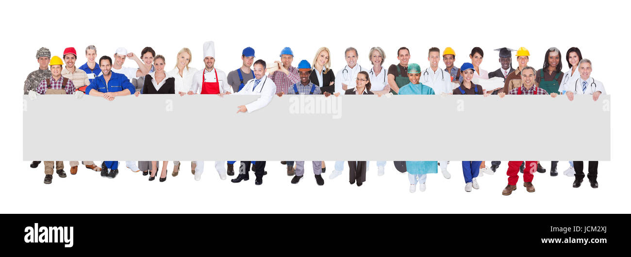 People with various occupations holding blank billboard against white ...